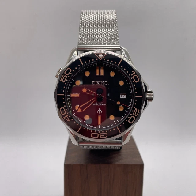 CUSTOM MADE SEIKO mod watch, Seamaster homage, black dial, shark mesh ...