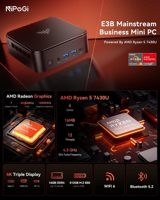 NIPOGI 4K MINI PC AMD Ryzen 5 7430U 16 GB DDR4 512 GB M.2 SSD WiFi Windows 11 PRO EUR 410,07 ...