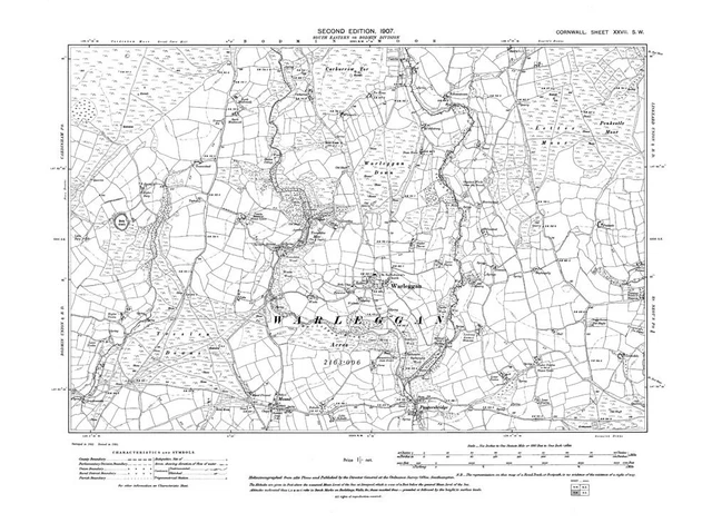 OLD MAP OF Warleggan, Pantersbridge, Mount 1907 - Cornwall, repro Corn ...