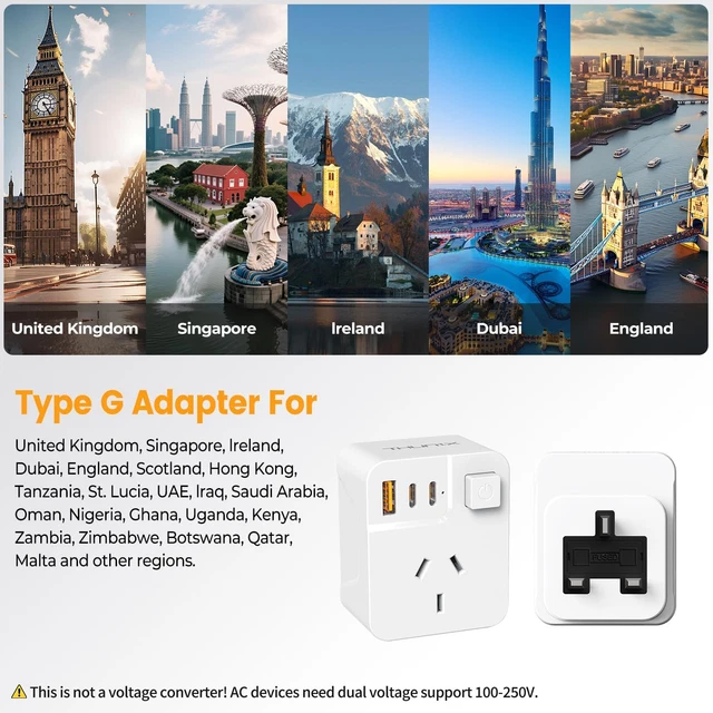 TRAVEL ADAPTER UK, AU to UK Universal Travel Plug Adaptor with Switch ...