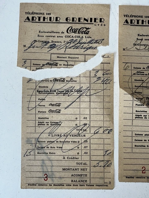 ARTHUR GRENIER, LTÉE. Coca-Cola St-George-Bce P.Q. Bill Facture $10.00 ...