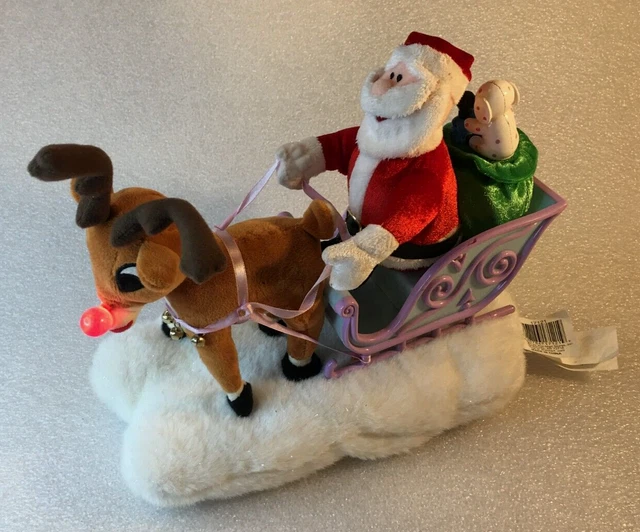 GEMMY RUDOLPH THE Red Nosed Reindeer Santa Sleigh Sings Motion Lights ...