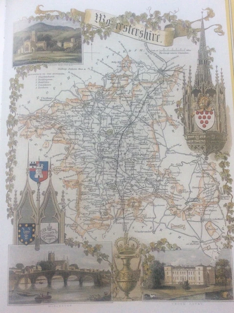 WORCESTERSHIRE ANTIQUE COLOUR Map by Thomas Moule County Maps of Old ...