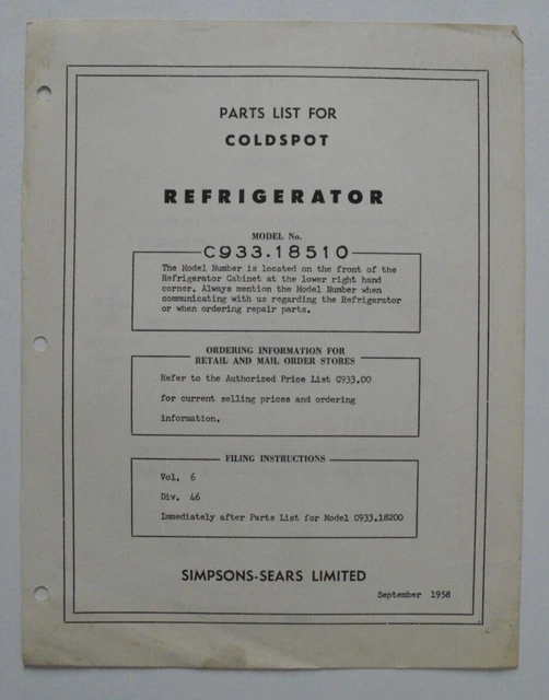 SIMPSONS-SEARS COLDSPOT REFRIGERATOR model C933.18510 1958 Parts List ...