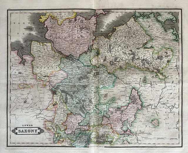 1831 BASSA SASSONIA di Daniel Lizars Mappa antica grande colorata a ...