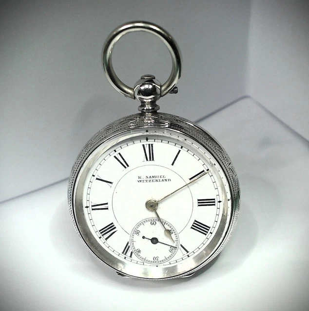 ANTIQUE “H. SAMUEL” Sterling Silver Key Wind Pocket Watch with Key ...