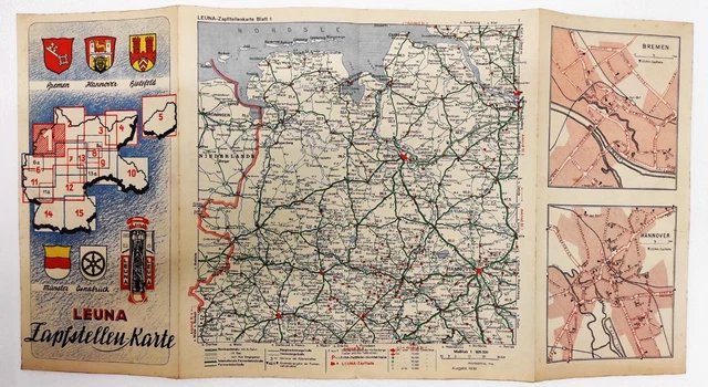 LEUNA ZAPFSTELLEN-KARTE 1+2+8 Landkarten 1938 hervorragende Erhaltung ...