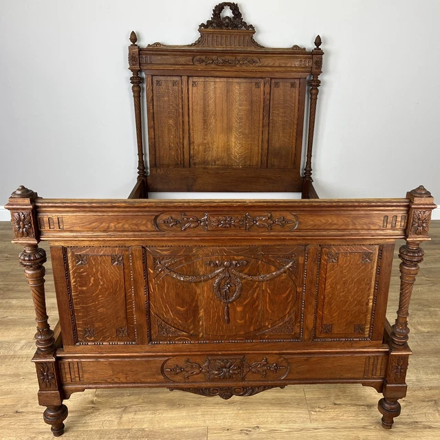 BED ANTIQUE FRENCH Style Oak Double Bed Frame Carved Headboard LOT 6151 ...