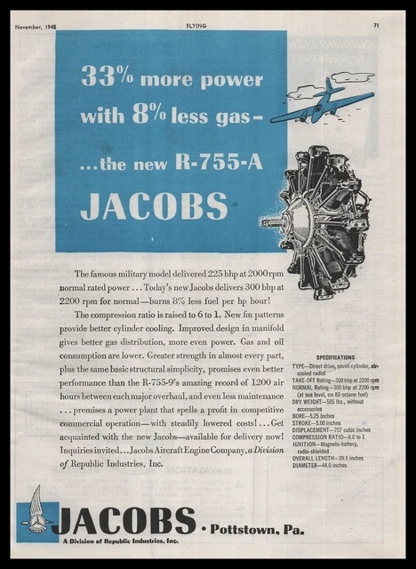 1945 JACOBS AIRCRAFT Engine Co. Pottstown Pennsylvania R-755-A Vintage ...
