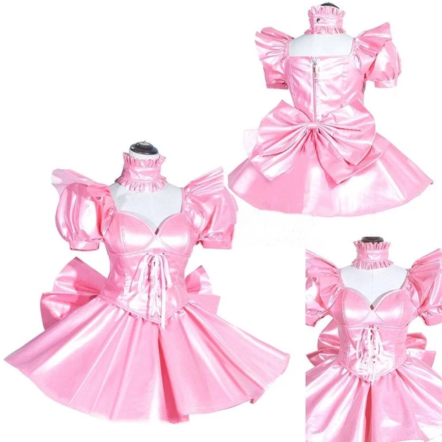 GIRL SISSY SEXY maid Pink Satin Lockable Dress Cosplay Costume Tailored ...