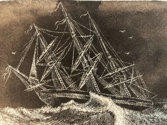 BEAU DESSIN ENCRE Grattage XIXe Bateau Mer Océan À Identifier Papier ...
