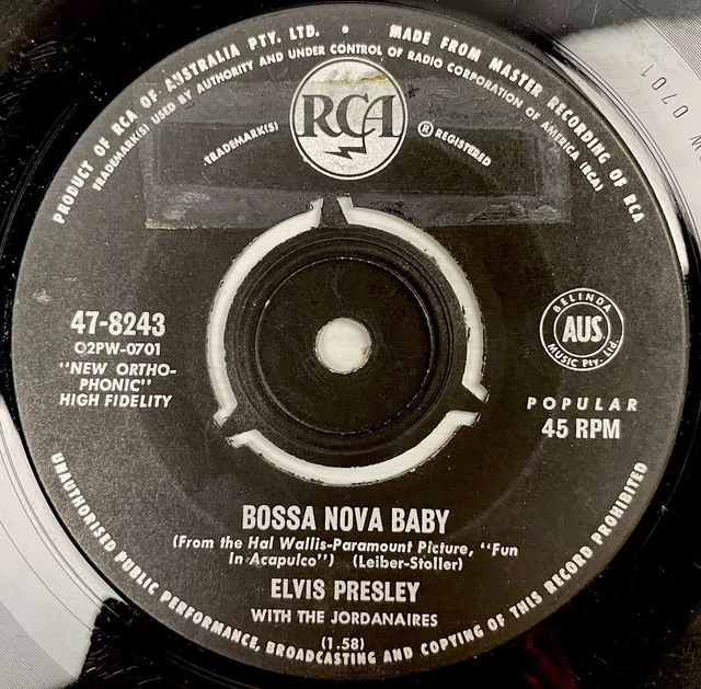 ELVIS PRESLEY BOSSA Nova Baby Vinyl Record 7” 45 RPM 47-8243 RCA 1963 ...