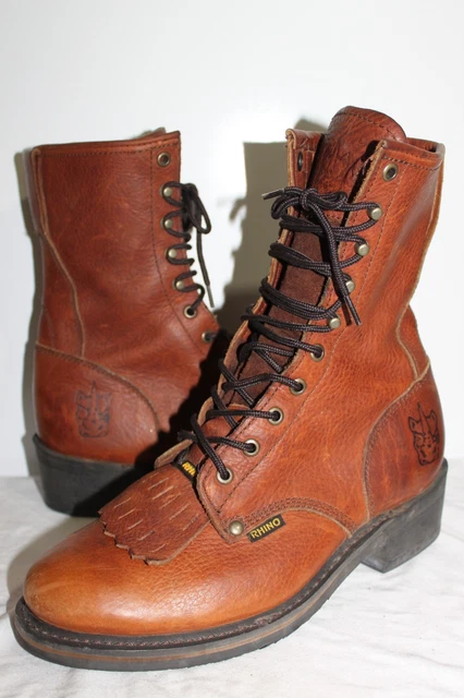 RHINO BROWN LEATHER 8 Inch Soft Toe Lace Up Work Boots 88C32 Men's Size ...