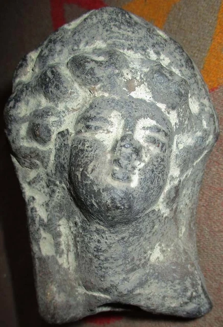 ANTIQUE RARE HAND Carved Ethnographic Stone Female Face With Hair Of ...