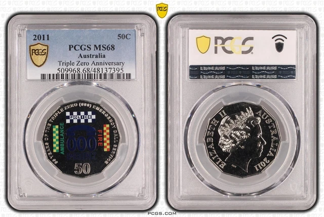 AUSTRALIA 2011 TRIPLE 000 Zero Emergency 50c Coloured Coin PCGS MS68 ...
