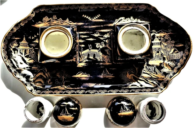 ANTIQUE RARE BLACK Willow Double Inkwell + Pen Tray Crown Staffordshire ...