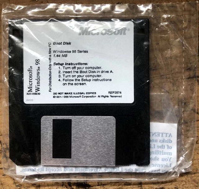 NEW UNOPENED ORIGINAL Microsoft Windows 98 Boot Disk 3.5" FDD Floppy ...