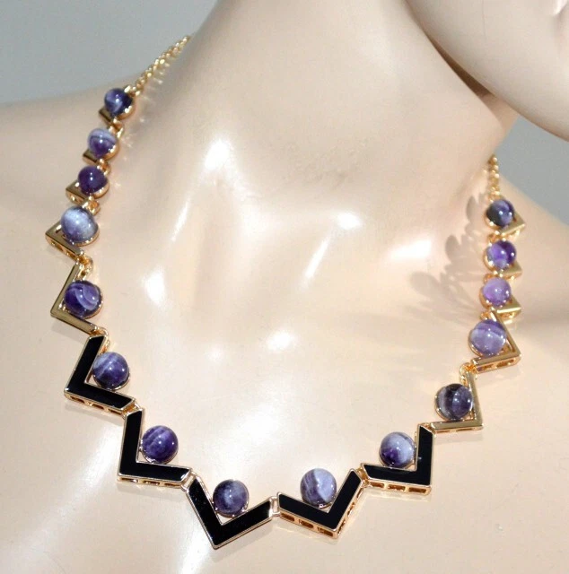 COLLIER OR NOIR femme pierres lilas violet tour de cou pendentifs ...
