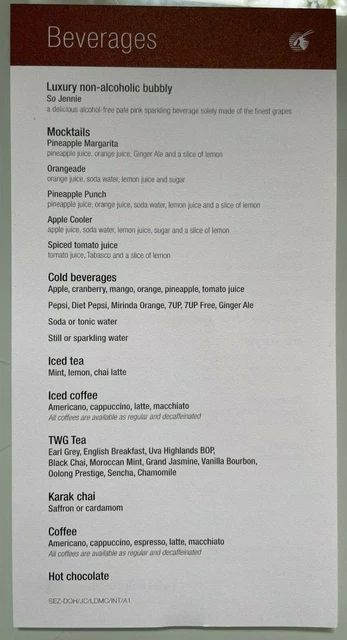 SPEISEKARTE MENU QATAR Airways Business Class Sez-Doh/Jc/Ldmc/Int/A1 ...