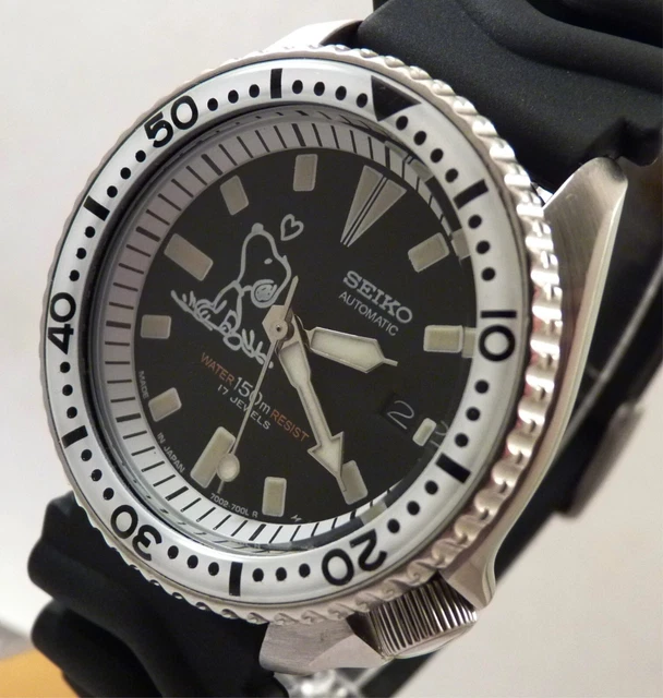 SEIKO CERAMIC BLACK Snoopy Love Heart Automatic Diver Date Watch Custom ...