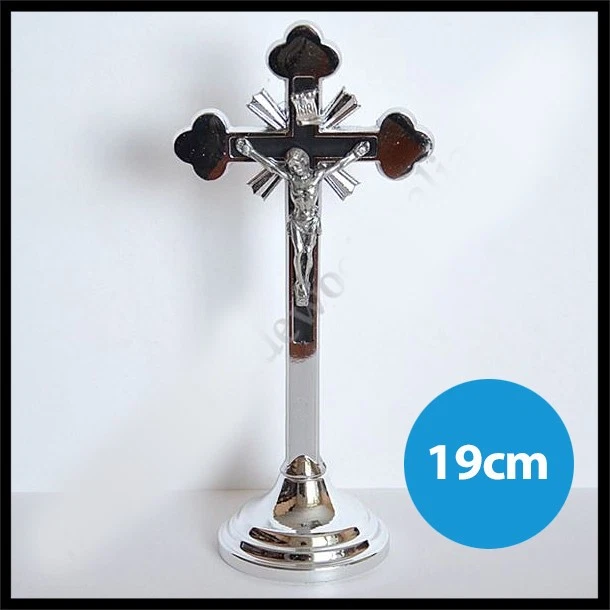CHRISTIAN CATHOLIC SILVER Metal Table Desk Shelf Cross Crucifix Jesus ...