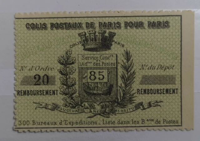TIMBRE COLIS POSTAUX DE PARIS POUR PARIS ordre 20 dépot --- 85 EUR 5,00 ...