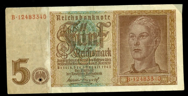 GERMANY, WWII, 5 Reichsmark, Banknote, 1942, Serial B, 8 red digits £4. ...