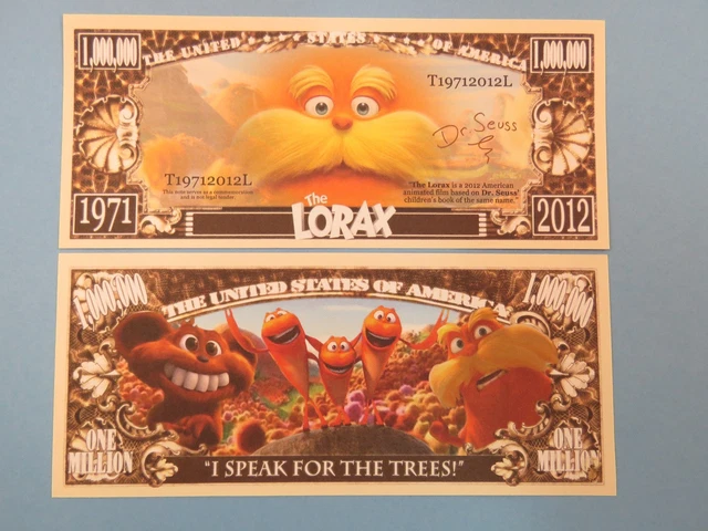 THE LORAX DR. Seuss Animated Film Book ~ USA One Million Dollar Bill £2 ...