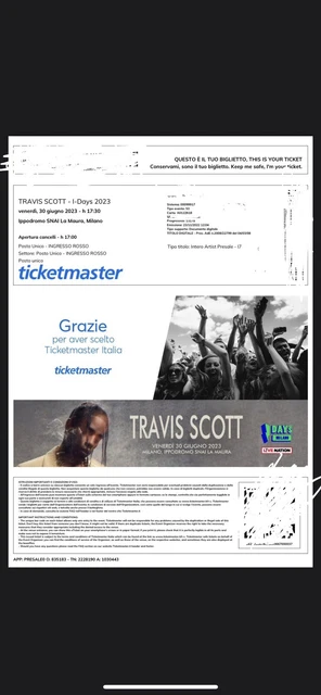 BIGLIETTO TRAVIS SCOTT milano 30/06/2023 EUR 100,00 - PicClick IT