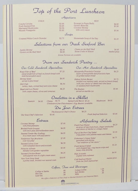 1980S TOP OF The Port Restaurant Menu Miami International Airport Hotel ...