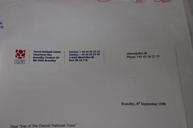 LOTE OFICIAL SELECCIÓN de Dinamarca (DBU 1998) -Carta Firmada Francia ...