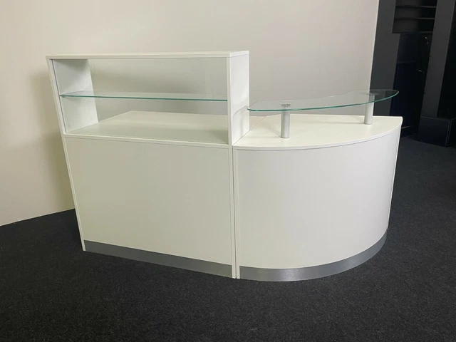 WHITE RECEPTION Desk With Glass Display Unit And Glass Shelf Office ...
