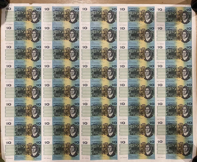 $10 UNCUT SHEET* Australian Notes -Frazer/Cole Low Numbers 40 Notes EUR ...
