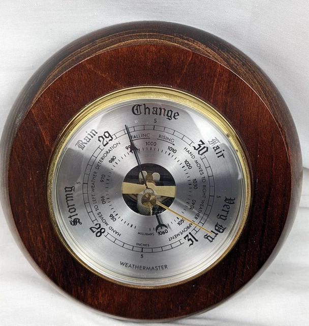 VINTAGE WOODEN & Brass Weathermaster Round Wall Barometer 16cm Diameter ...