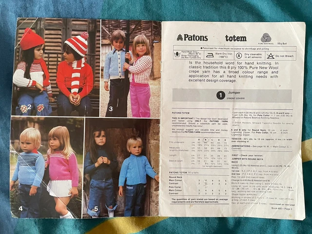 VINTAGE PATONS CHILDREN’S Knitting Pattern Book 480 Totem 8 Ply 11 ...