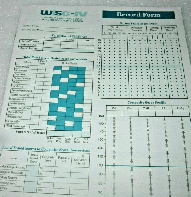 WISC-IV INTELLIGENCE SCALE for Children Record Form £8.61 - PicClick UK