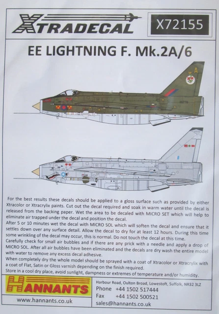 XTRADECAL 1/72 X72155 English Electric Lightning Mk.2A/6 Decal set £8. ...