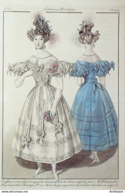 GRAVURE DE MODE Costume Parisien 1830 n°2792 Robe de gaze garnie de ...