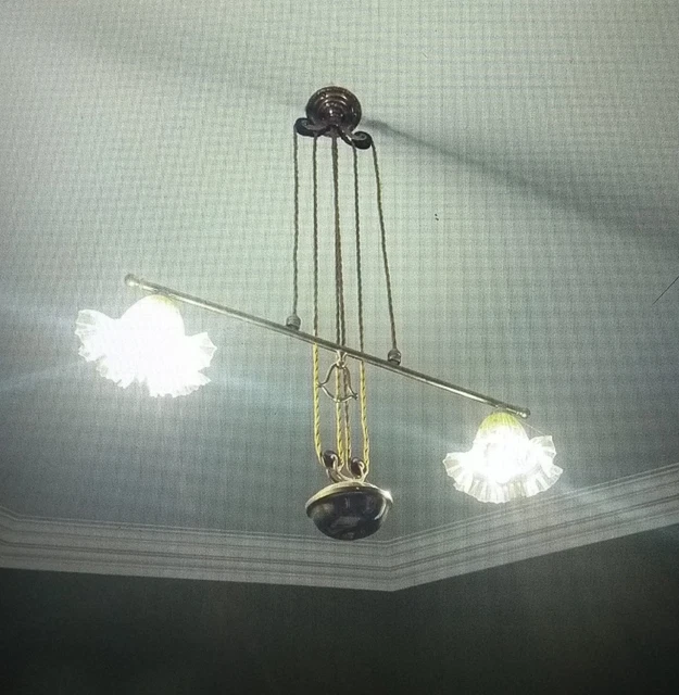 ANTIQUE BRASS RISE and Fall Light with 2 Frilly Crinoline Green Light ...