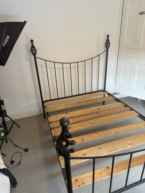 BLACK METAL DOUBLE Bed Frame with Headboard & Footboard, Wooden Slats £ ...