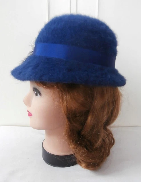 VINTAGE 1970'S RETRO 1940's Blue Angora Mix 'Miss Marple' Hat with ...
