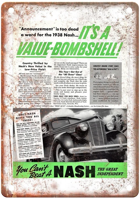 VINTAGE 1938 NASH Automobile Ad Retro Look Reproduction Metal Sign ...