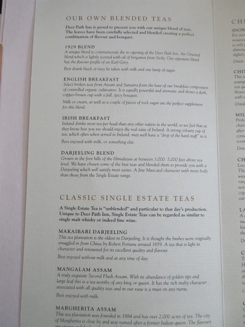 THE ENGLISH TEA Room Afternoon Tea Menu Deer Path Inn Lake Forest, IL ...