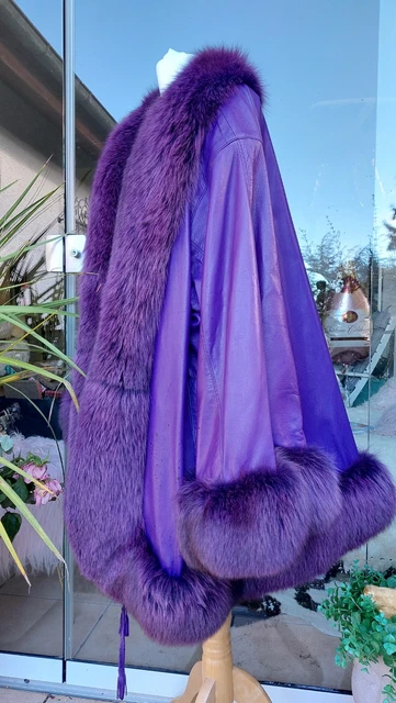 LUXUS ECHT LEDER Cape Umhang mit dicken Fuchs Pelz gefärbt Mantel ...