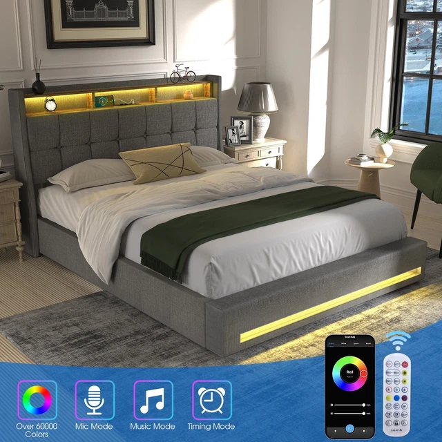 METAL BED FRAME STORAGE GAS LIFT UP DOUBLE 4FT6 BED WITH LED LIGHTS ...