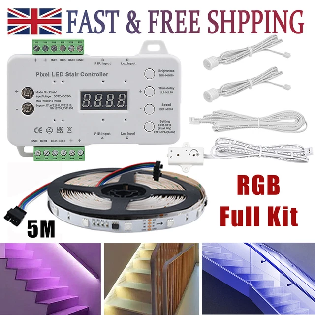 RGB LED STAIR Light Controller Ladder Lighting Strip PIR Motion Sensor ...