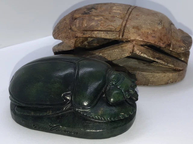 VINTAGE EGYPTIAN SCARABS Hand Carved Stone Beetle Hieroglyphs & Green ...