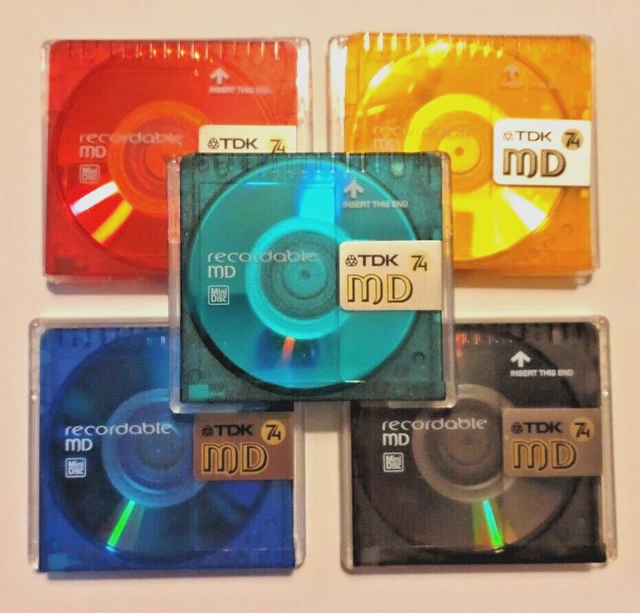 5 X TDK Blank MiniDisc MD 74 - 1x ea. Black/Red/Green/Blue and Yellow ...