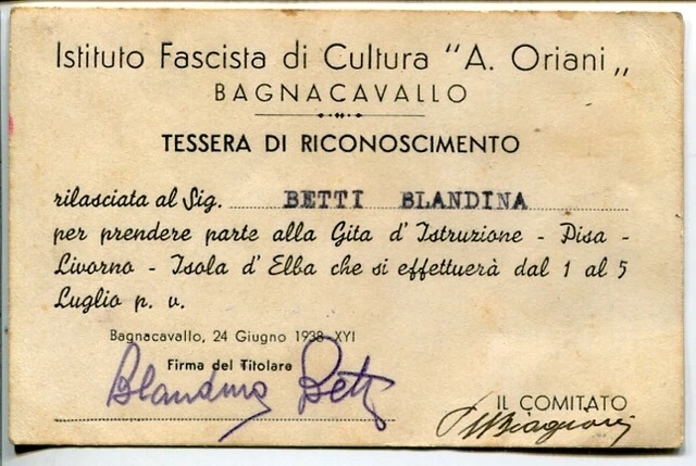 TESSERA RICONOSCIMENTO IST. Fascista di Cultura A. Oriani ...