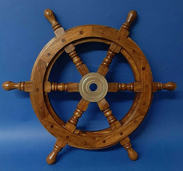 TIMONE IN LEGNO MASSELLO ø 46 Cm. ARREDAMENTO MARINO VINTAGE VETRINA ...
